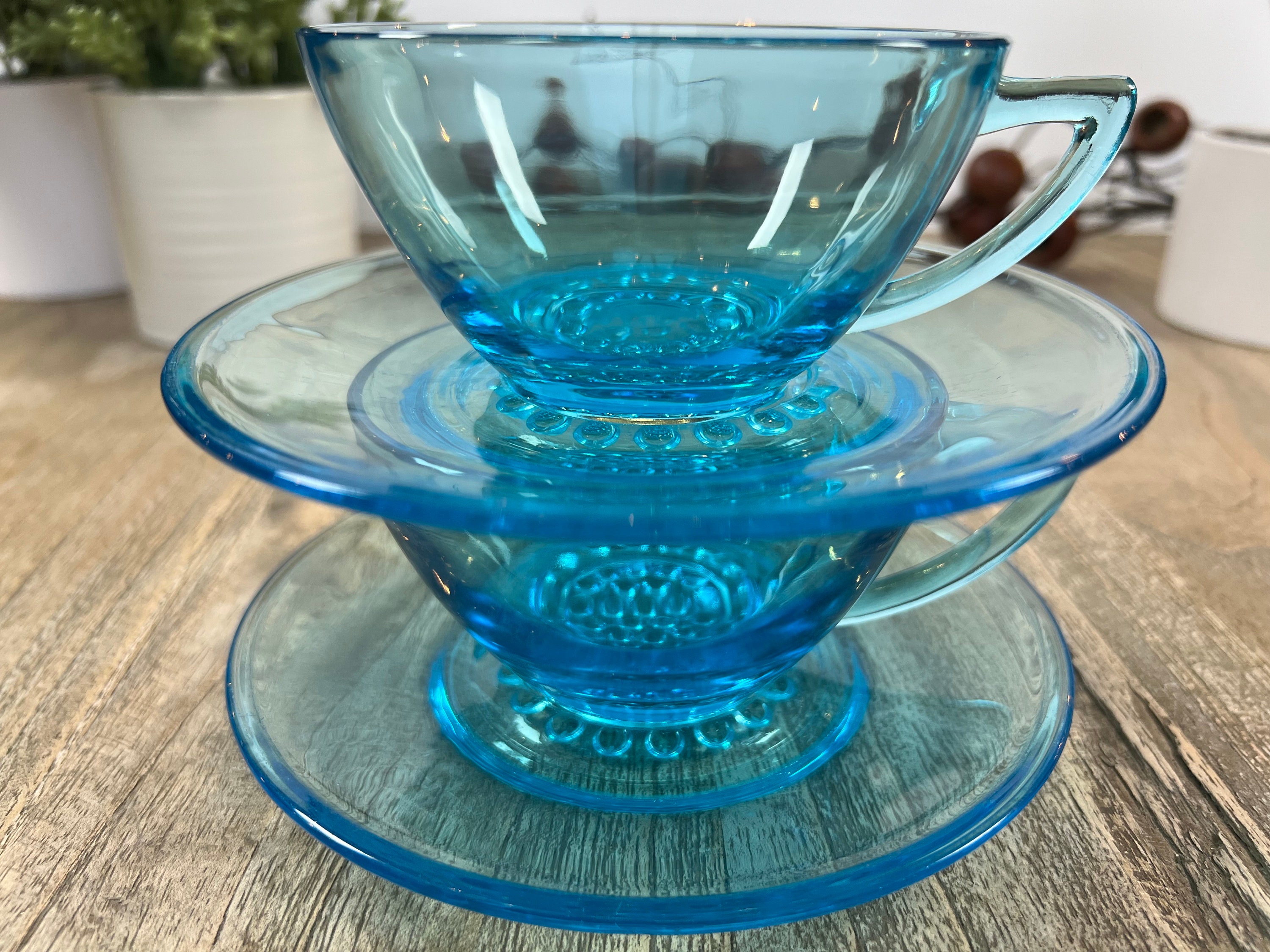 1960s Hazel Atlas Capri Hobnail Aqua Blue Cups & Saucers Pair - Etsy