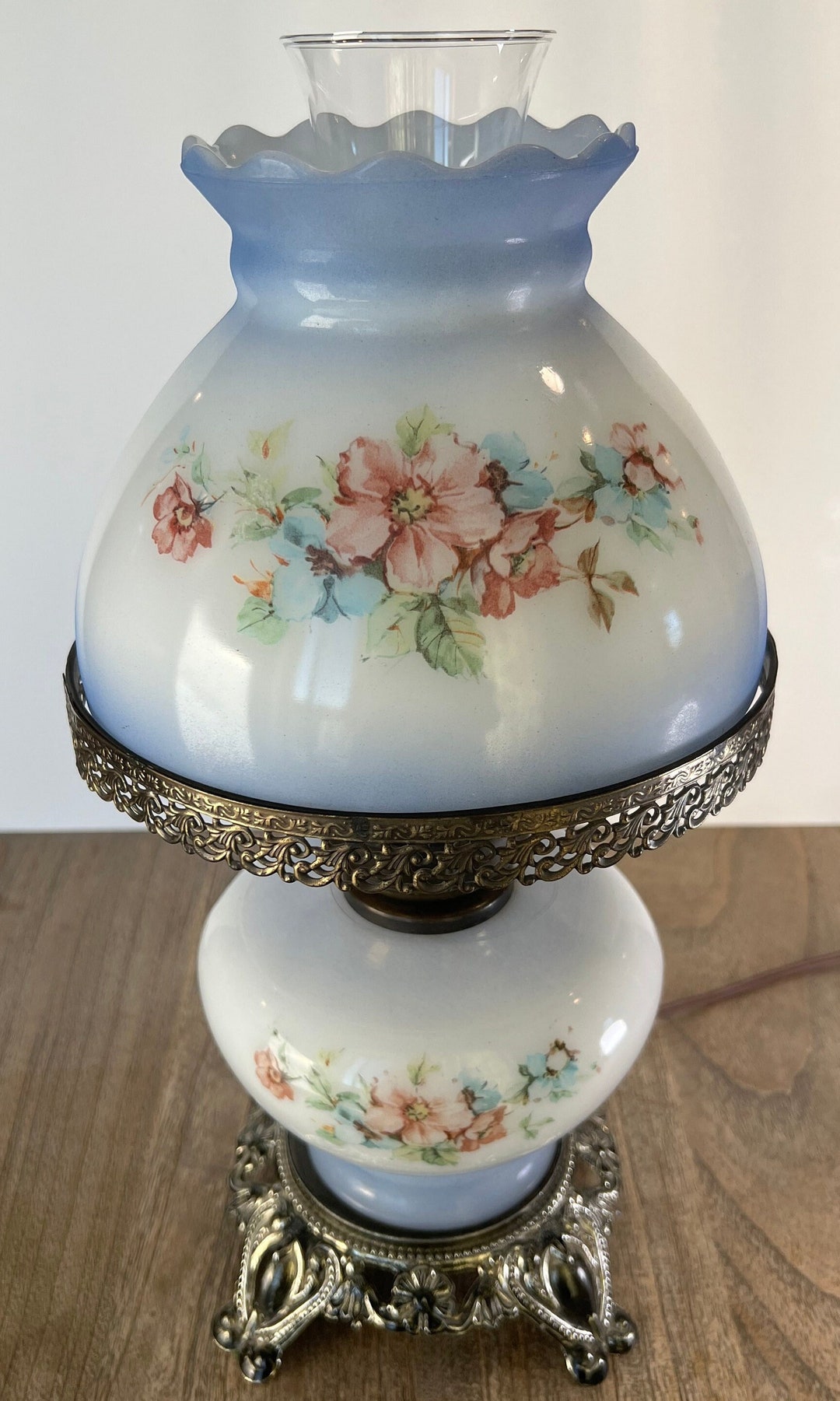Antique Floral Hurricane Lamp Dual-lit Blue & White Glass - Etsy