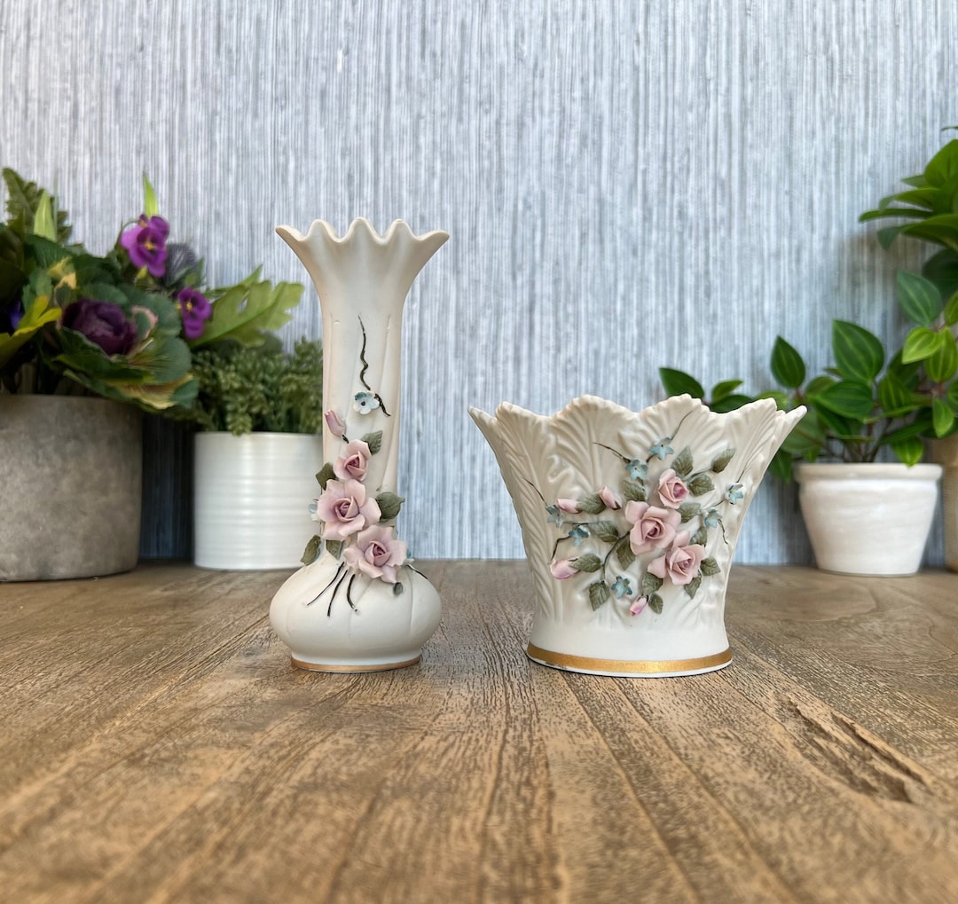 Vintage Lefton Porcelain Bud Vase and Petite Planter - Delicate Floral ...