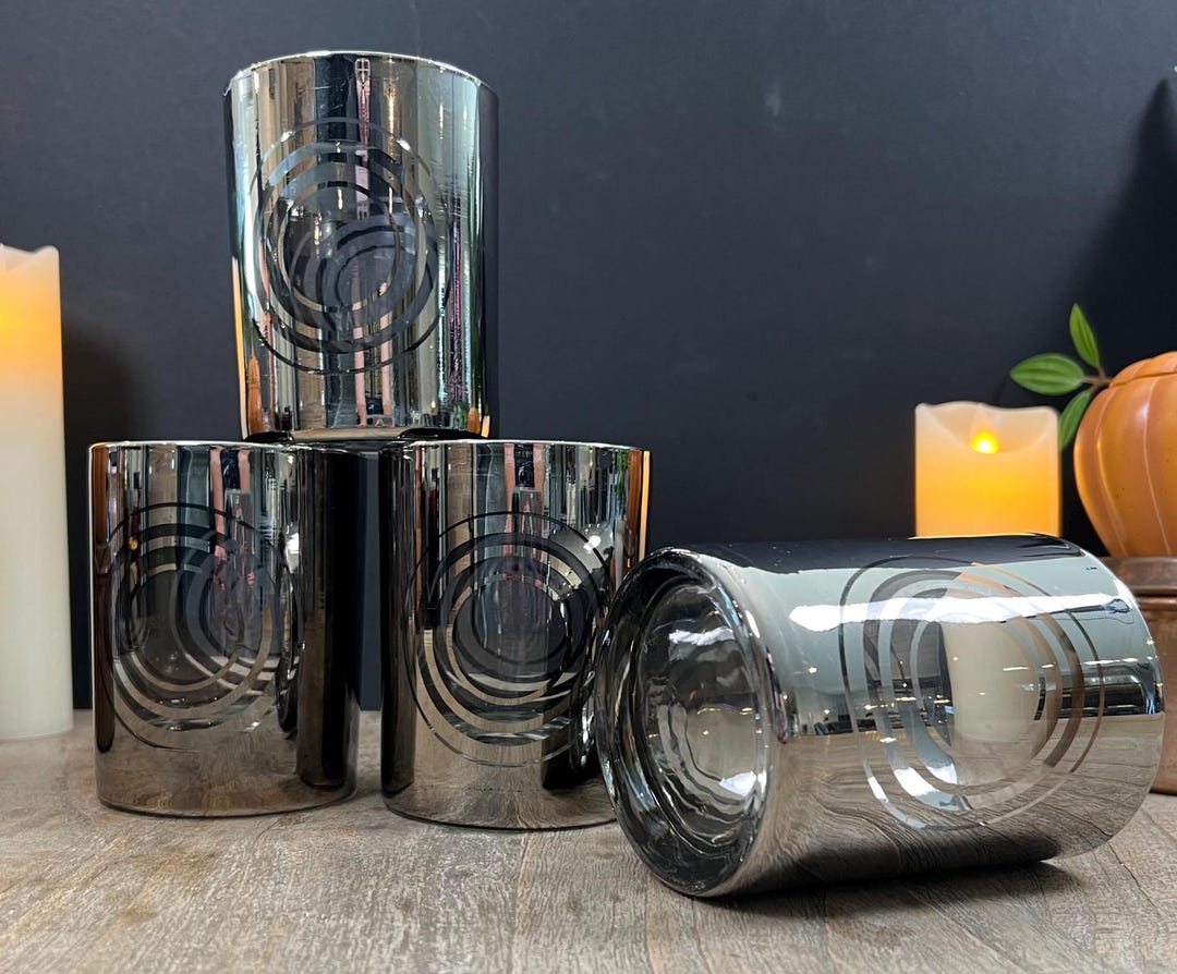 Set of 4 MCM Mirrored Glass Tumblers - Platinum Concentric Circles ...