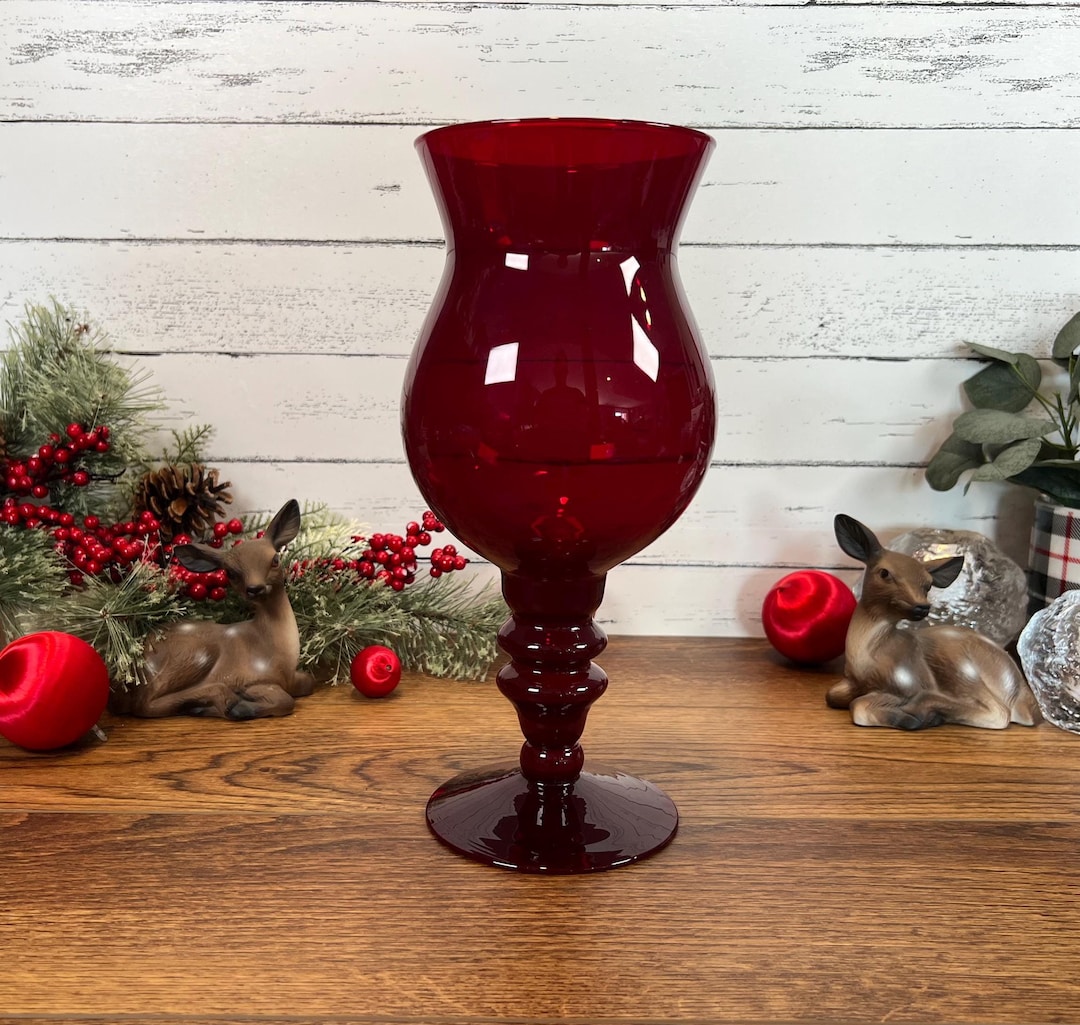 Vintage Ruby Red Glass Pedestal Candle Holder With Hurricane Globe - Etsy