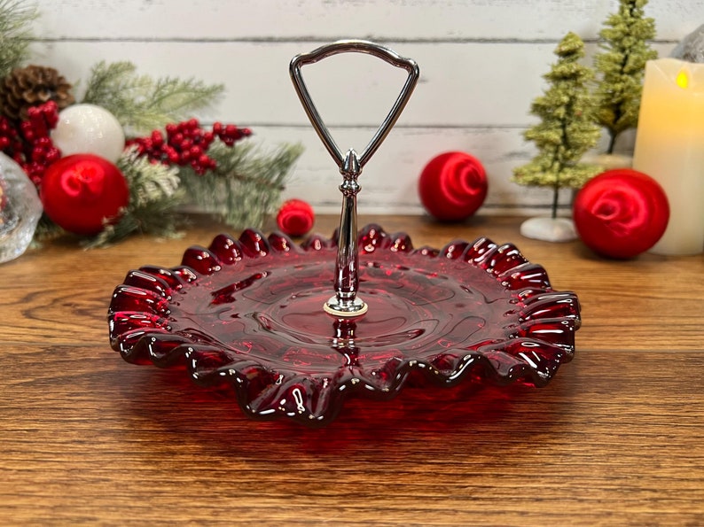 Vintage Fenton Ruby Red Ruffled Serving Plate With Silver Handle 8 ...
