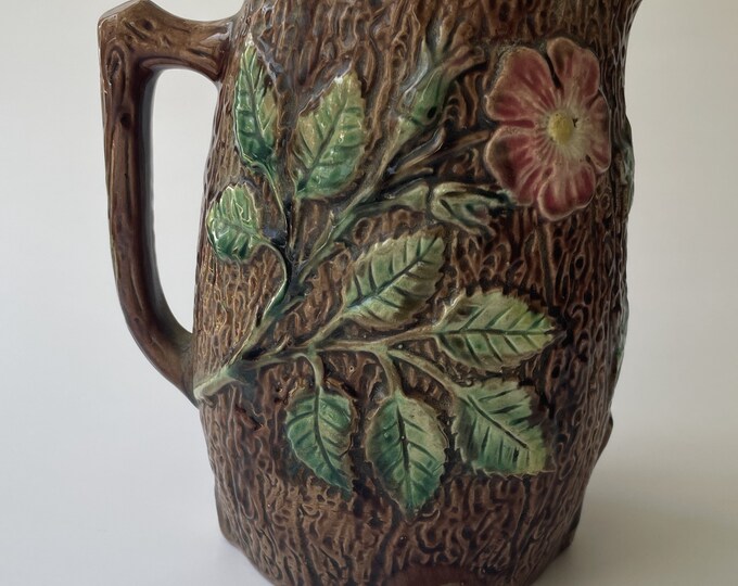 Antique English Majolica Pitcher With Red Flowers on a Tree Bark ...