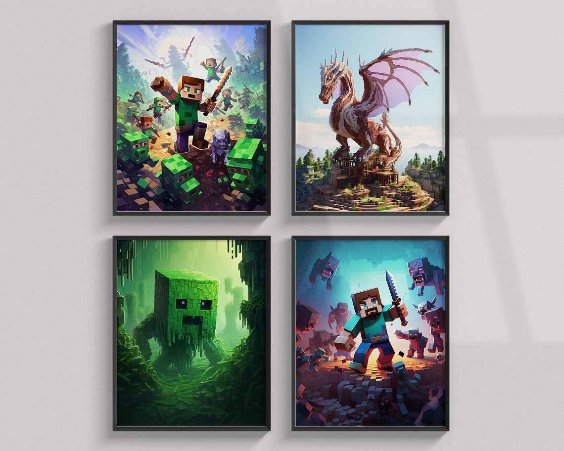 Minecraft Prints, Game Poster Set Wall Art, Nursery Decor, Creeper ...