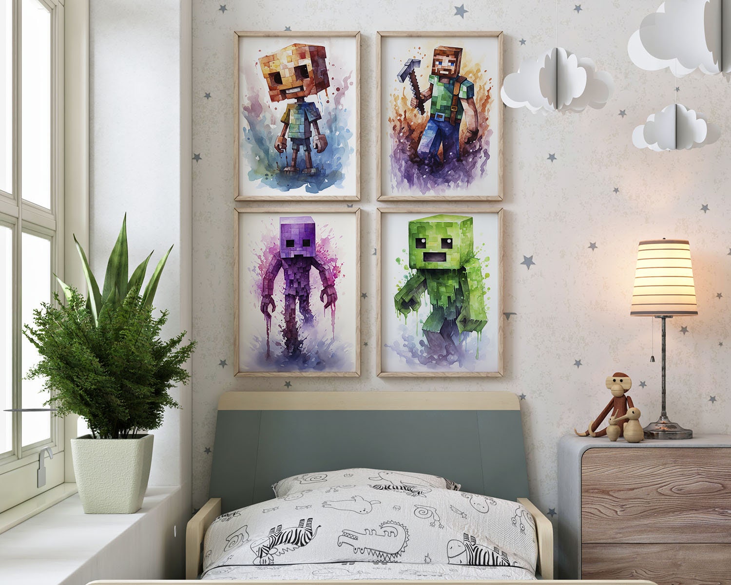 Game Poster Set Minecraft Wall Art, Nursery Decor, Creeper, Enderman ...