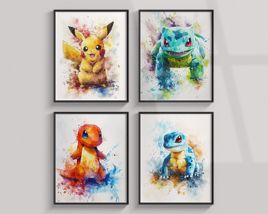 Set of 4 Pokemon Watercolor Prints, Pikachu, Bulbasaur, Charmander ...