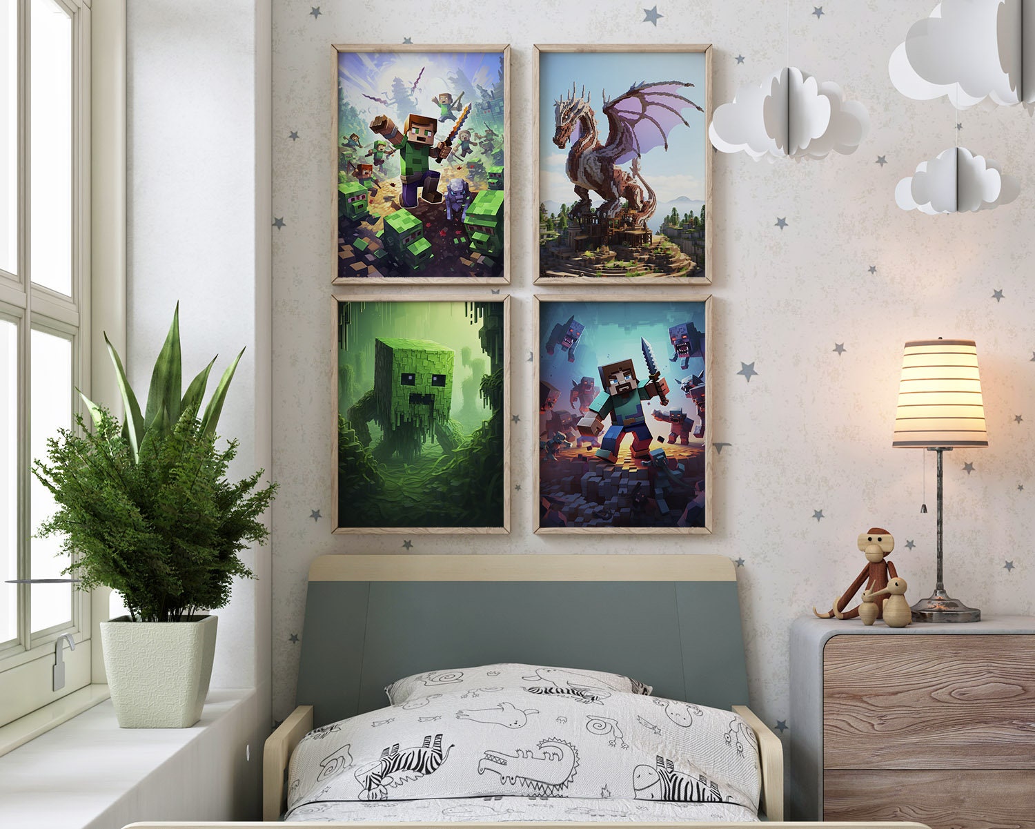Minecraft Prints, Game Poster Set Wall Art, Nursery Decor, Creeper ...