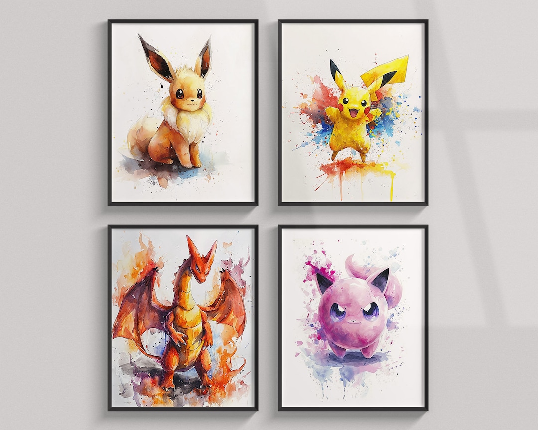 Set of 4 Pokemon Watercolor Prints, Pikachu, Jigglypuff, Charizard ...