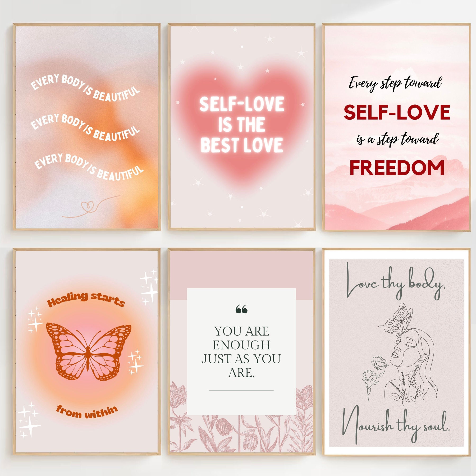 Set of 6 Motivational Self-love Posters, Mental Health Reminders, Daily ...