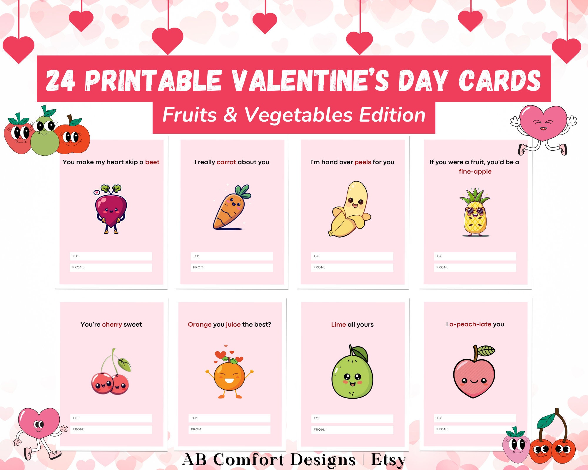 24 Printable Fruit & Vegetables Valentine's Day Cards, Funny Food ...