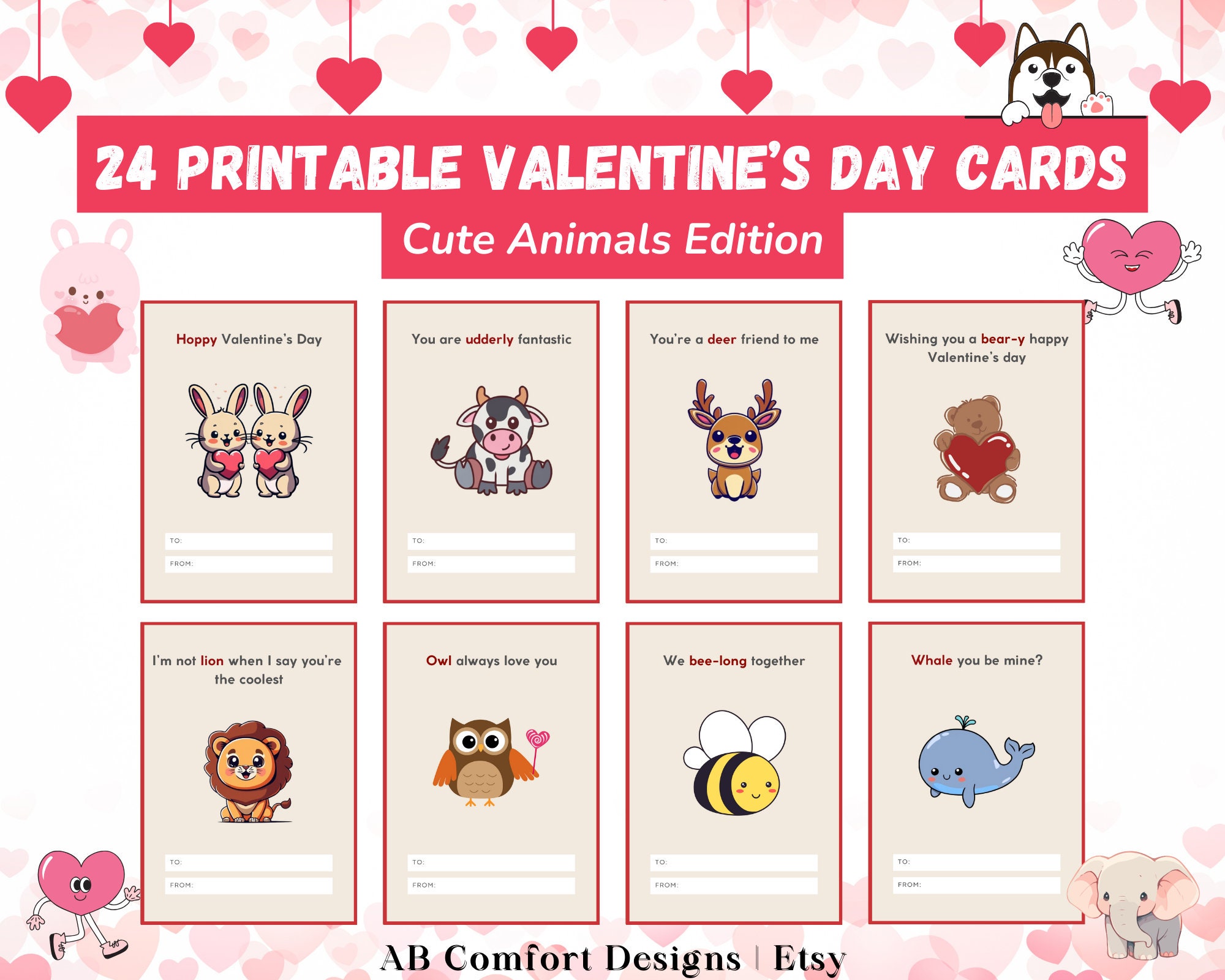 24 Printable Animals Valentine's Day Cards, Dogs Cats Valentine Cards ...