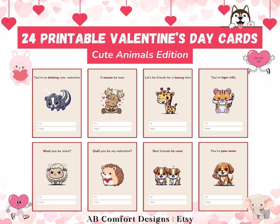 24 Printable Animals Valentine's Day Cards, Dogs Cats Valentine Cards ...