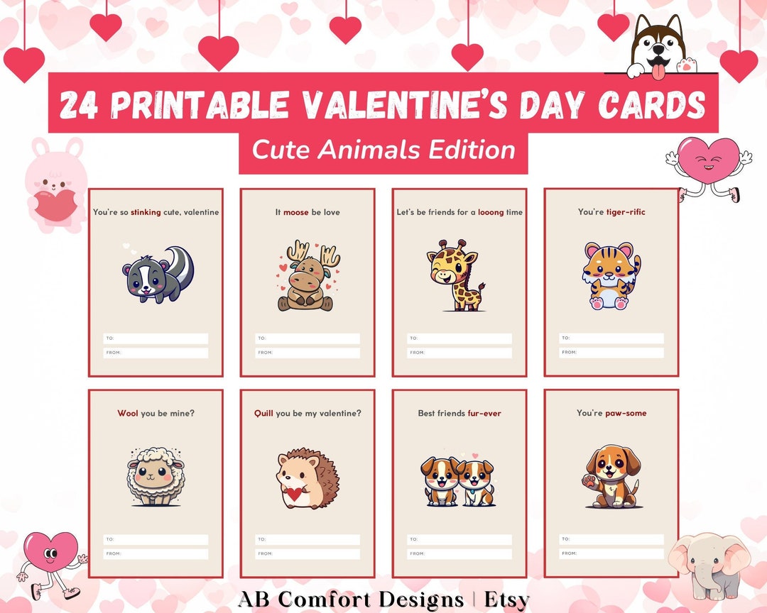 24 Printable Animals Valentine's Day Cards, Dogs Cats Valentine Cards ...