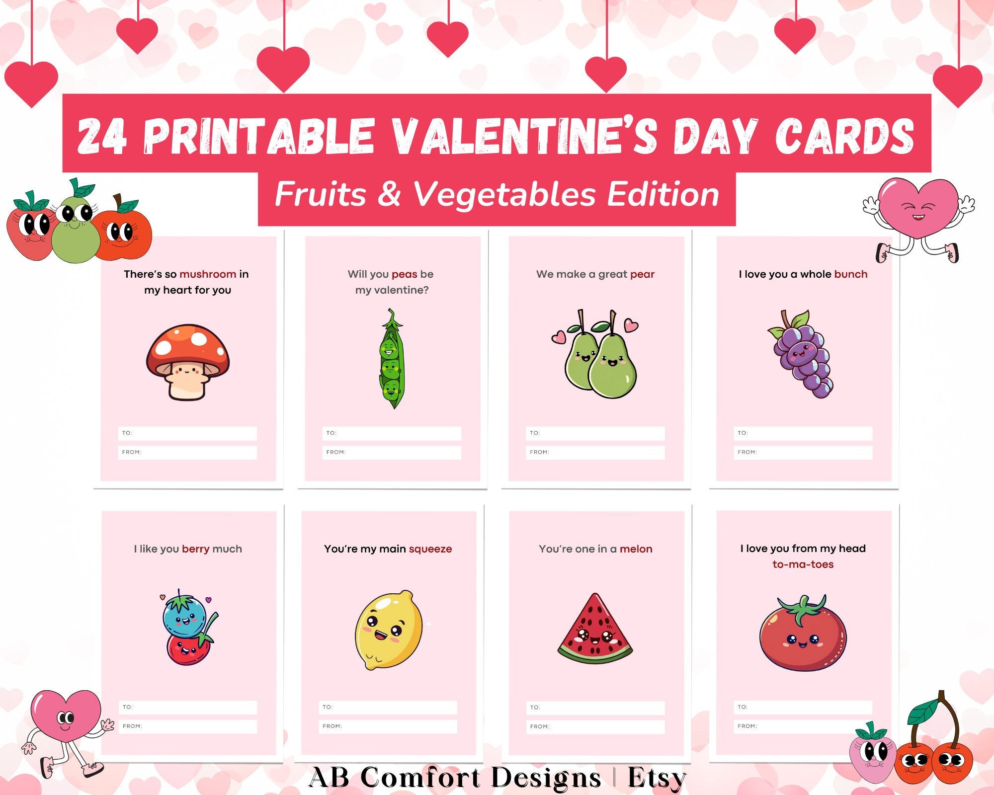 24 Printable Fruit & Vegetables Valentine's Day Cards, Funny Food ...