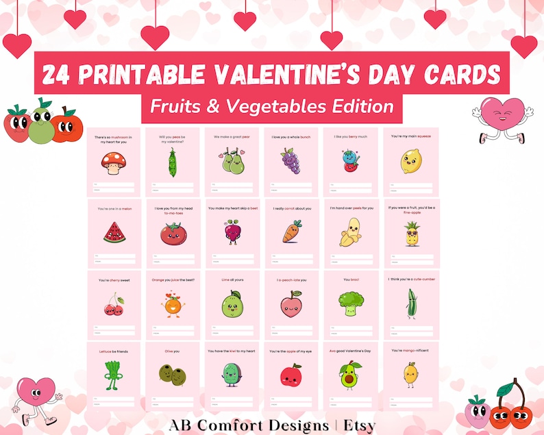 24 Printable Fruit & Vegetables Valentine's Day Cards, Funny Food ...