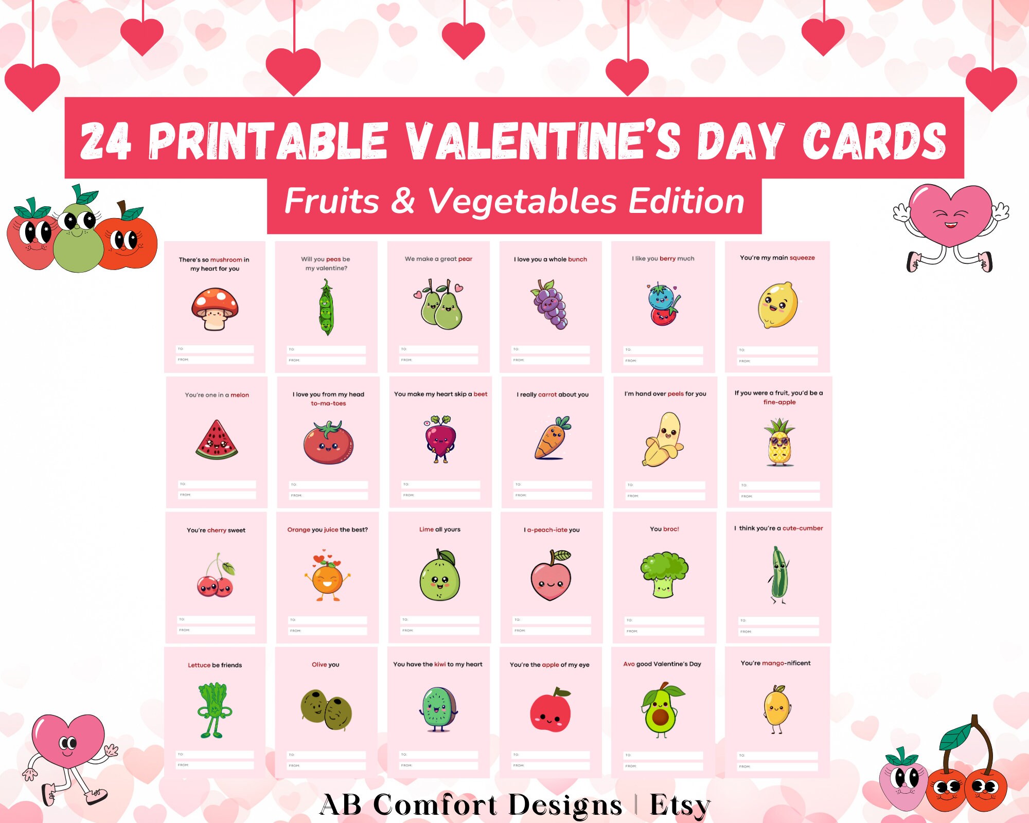 24 Printable Fruit & Vegetables Valentine's Day Cards, Funny Food ...