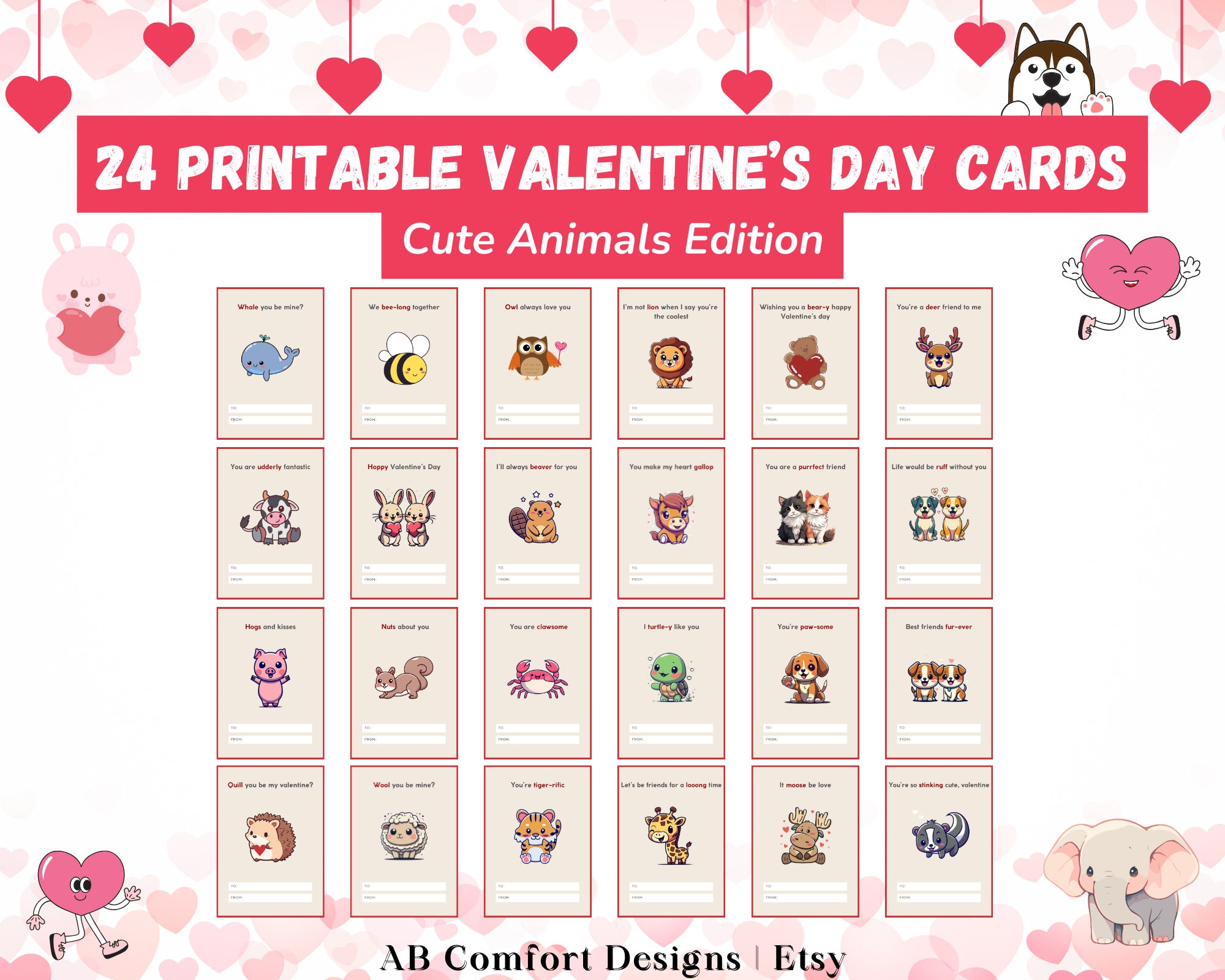 24 Printable Animals Valentine's Day Cards, Dogs Cats Valentine Cards ...