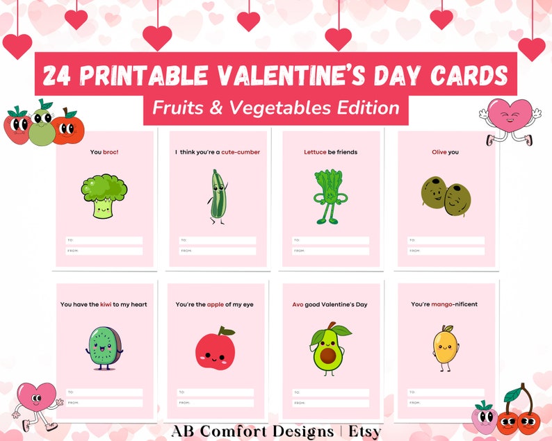 24 Printable Fruit & Vegetables Valentine's Day Cards, Funny Food ...