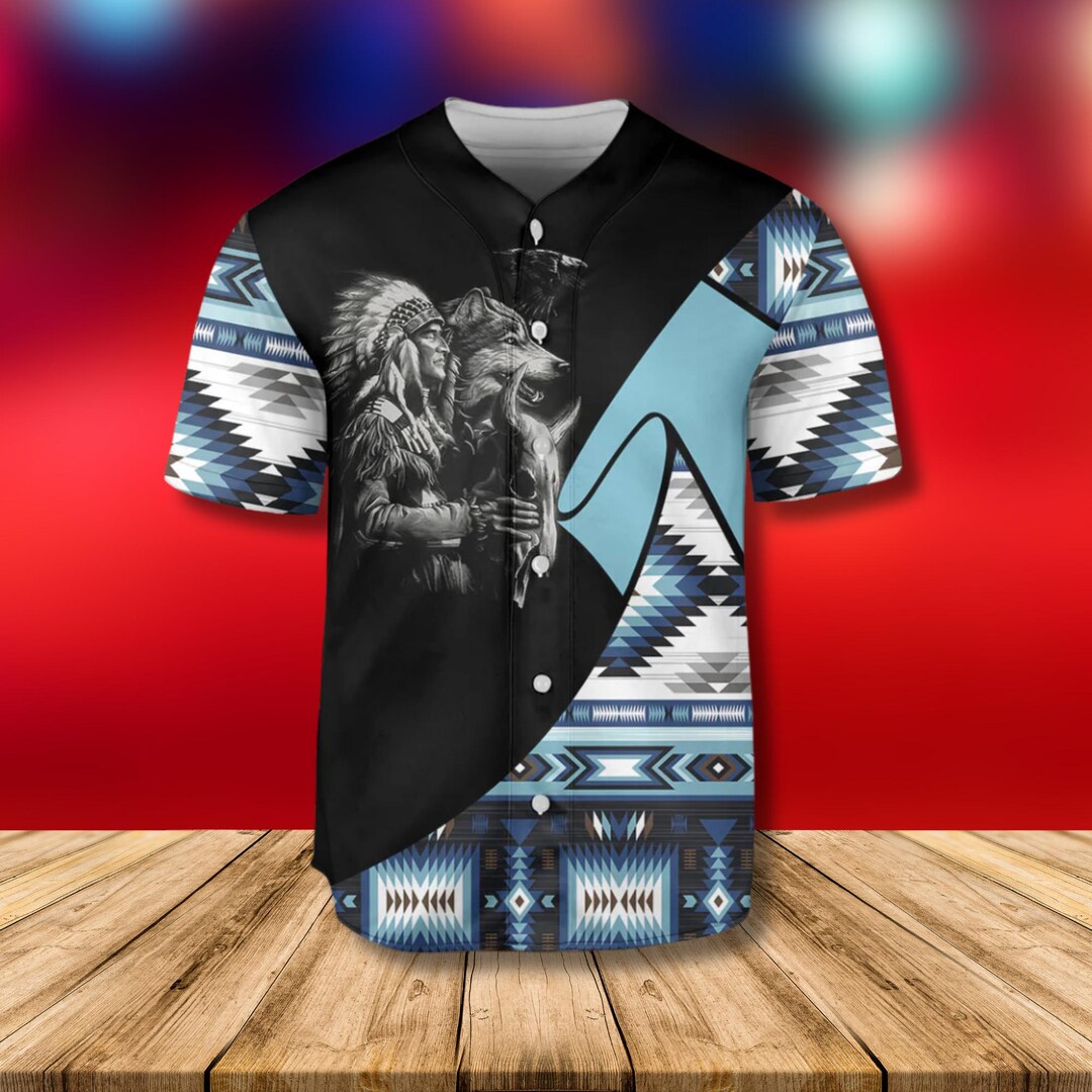 Native American Baseball Jersey With Tribal Wolf and Elder Design, Blue ...