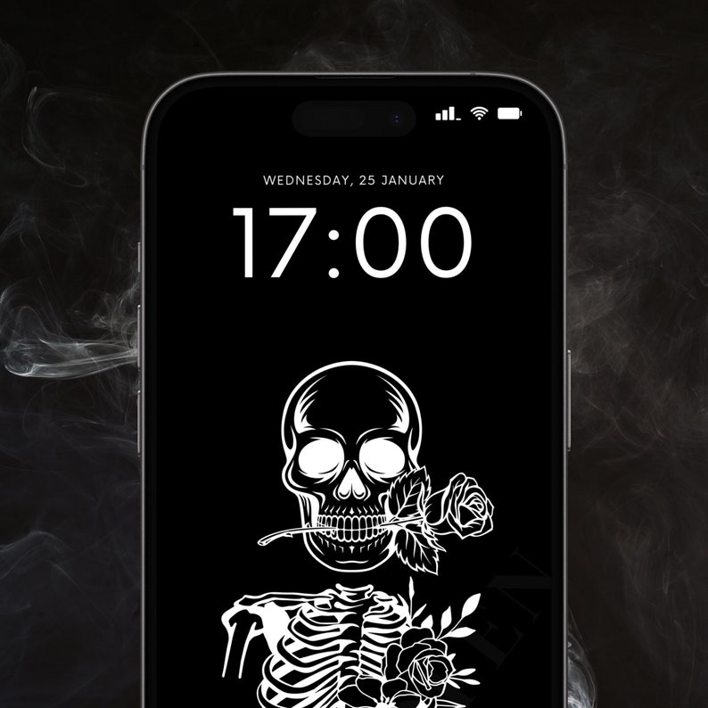 Skull With Rose Flower Black iPhone Wallpaper, Flowers Skull, Skeleton ...