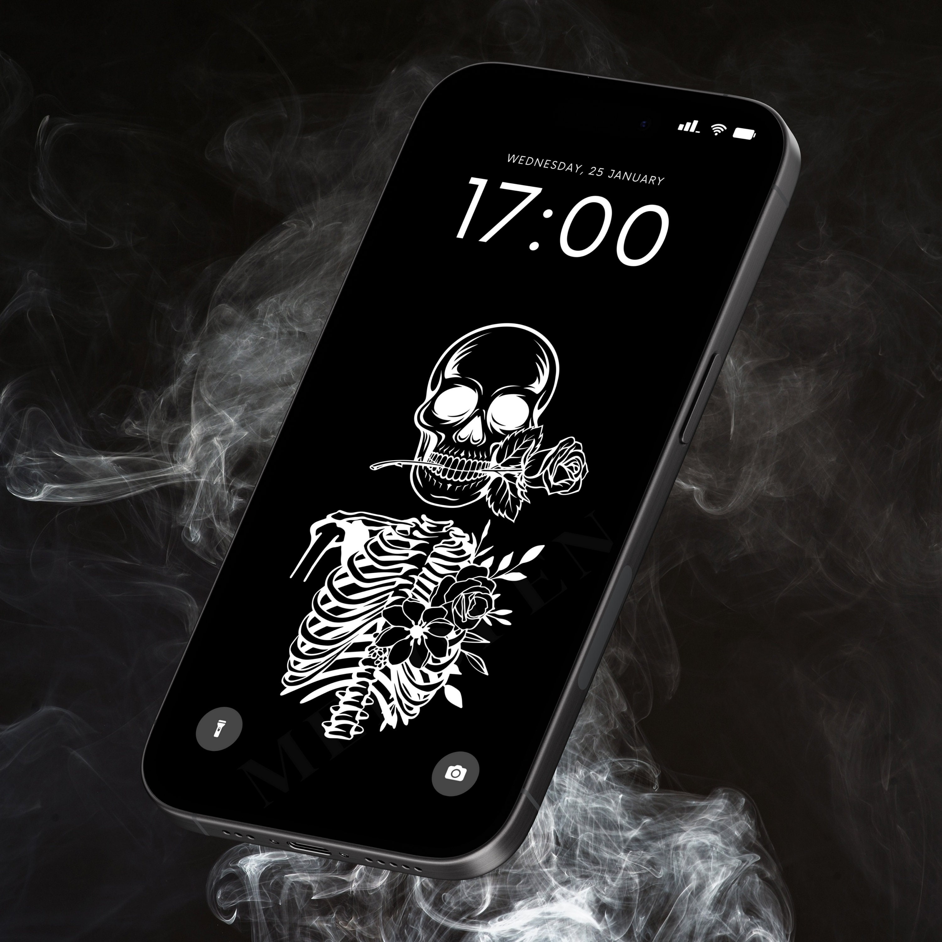 Skull With Rose Flower Black iPhone Wallpaper, Flowers Skull, Skeleton ...