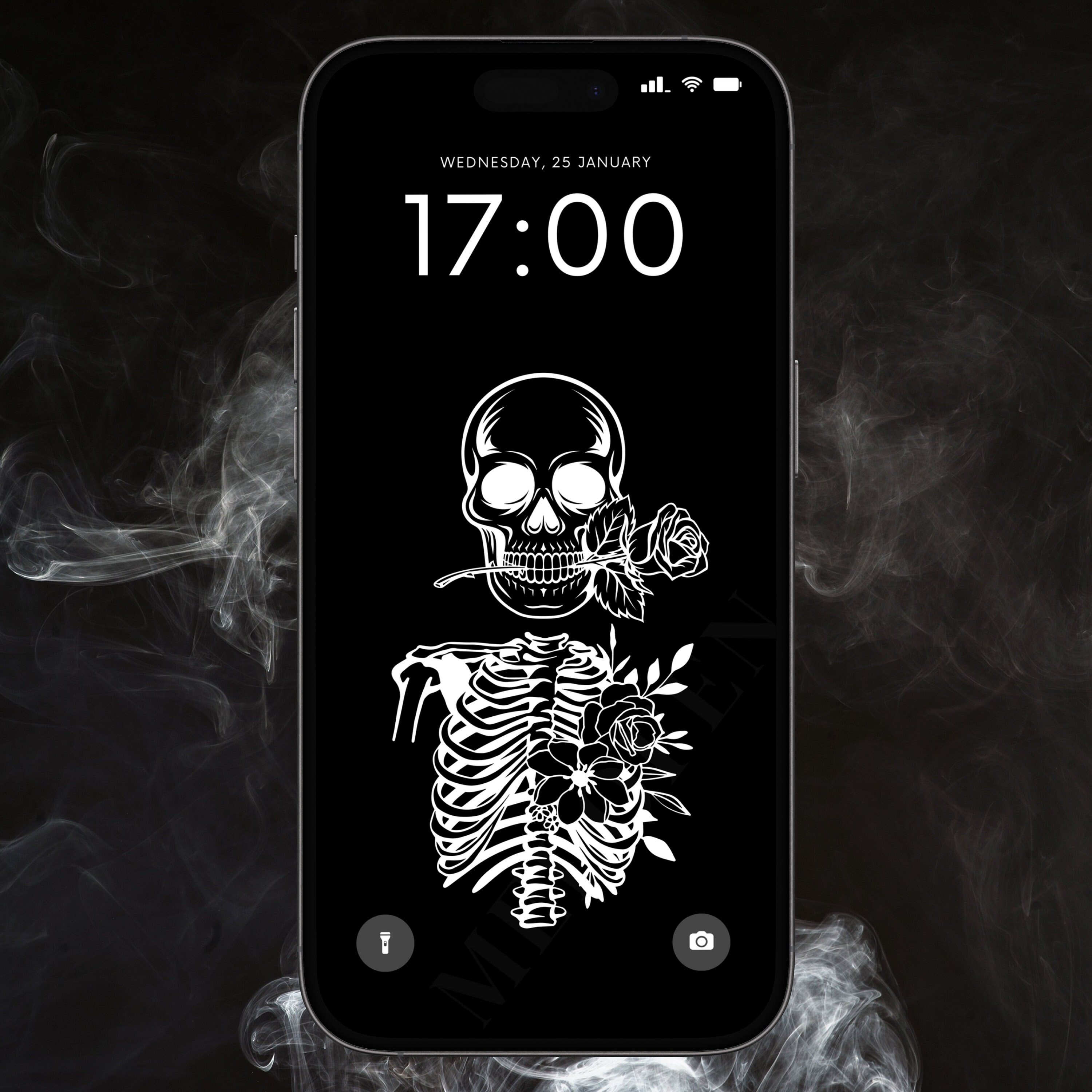 Skull With Rose Flower Black iPhone Wallpaper, Flowers Skull, Skeleton ...