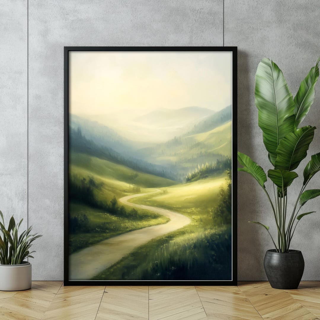 Winding Path Landscape Wall Art, Serene Green Hills Digital Painting ...