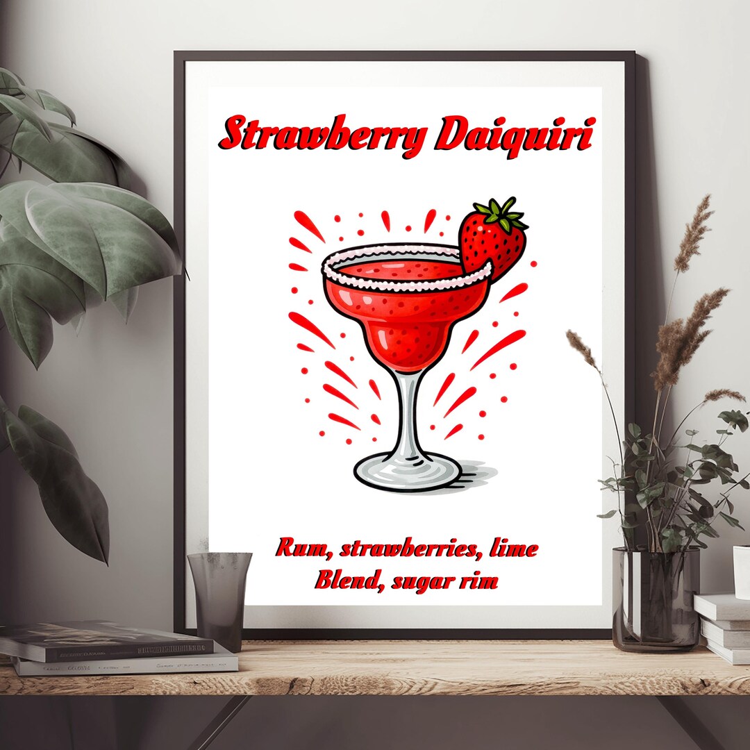 Strawberry Daiquiri Cocktail Poster Printable Recipe Art – Kitchen Bar ...