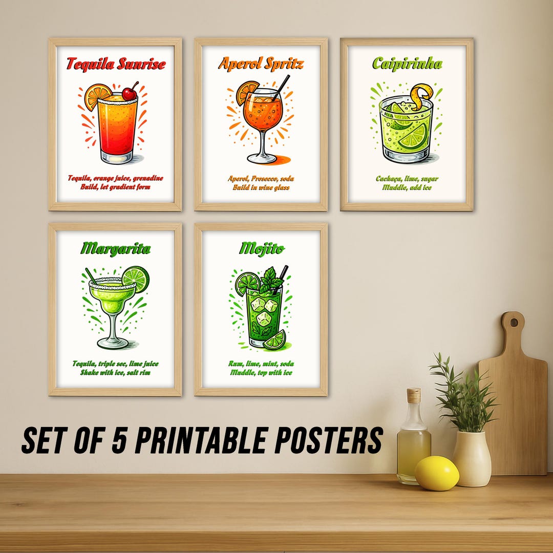 Cocktail Poster Set of 5 | Minimal Kitchen Wall Art | Marker Sketch ...