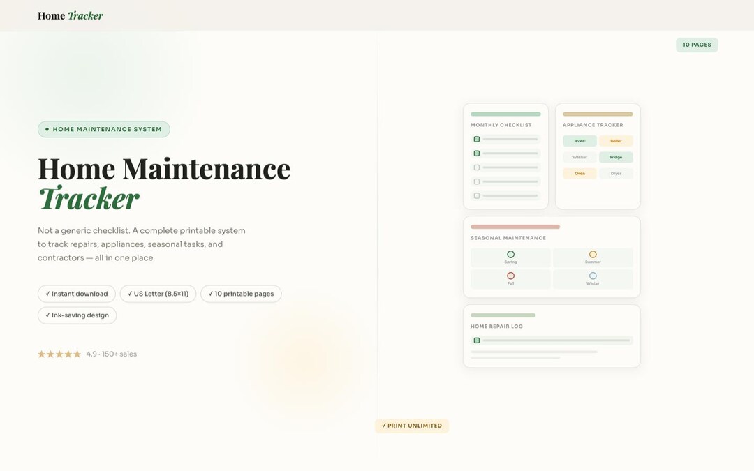 Home Maintenance Tracker Printable | Repair Log, Appliance, Seasonal ...