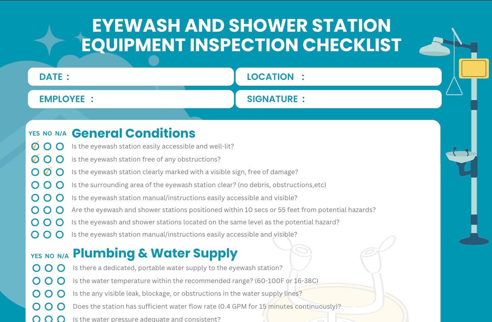 Eyewash and Shower Station Inspection Checklist, OSHA Compliant, User ...