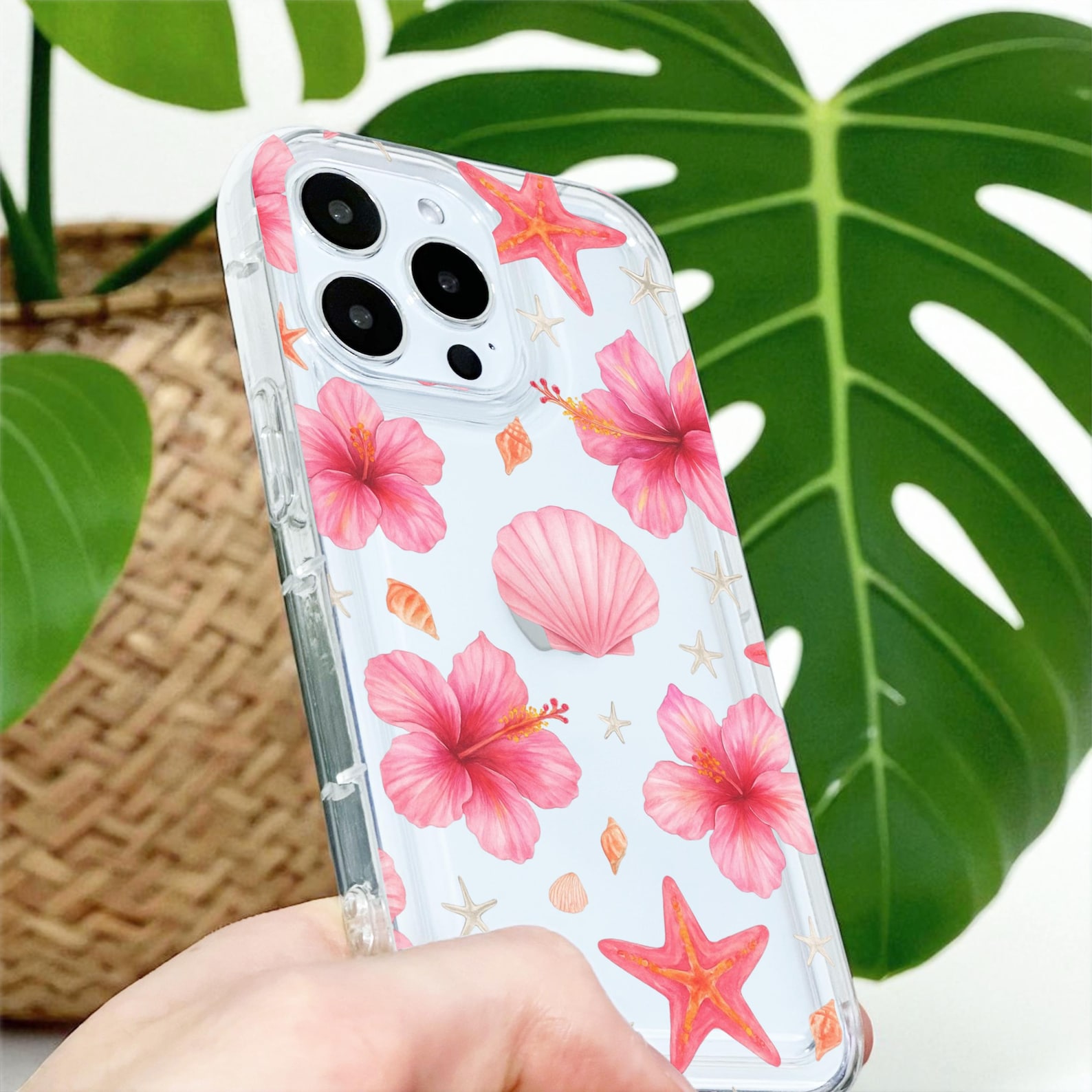 Pink Hibiscus Flower Seashell Starfish Clear Phone Case for iPhone 17 ...