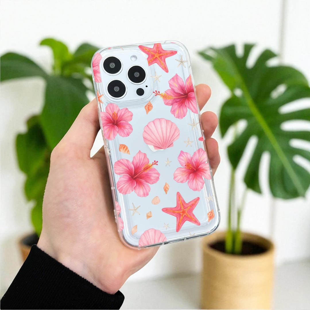 Pink Hibiscus Flower Seashell Starfish Clear Phone Case for iPhone 17 ...