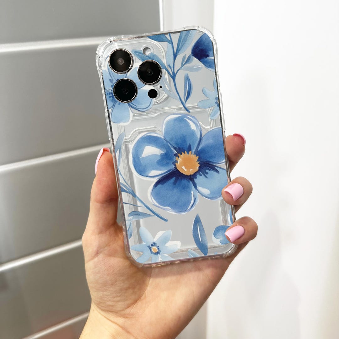 Blue Watercolor Flower Card Holder Phone Case for iPhone 17 16 15 14 13 ...