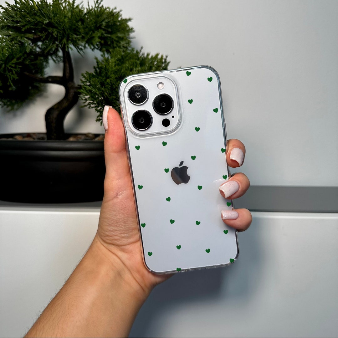 Small Green Heart Print Clear Phone Case for iPhone 15 14 13 12 11 11 ...
