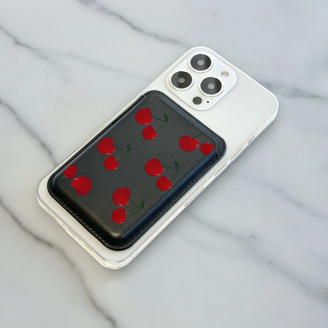 Cherry Print Black Magsafe Wallet Vegan Leather Magsafe Wallet for ...