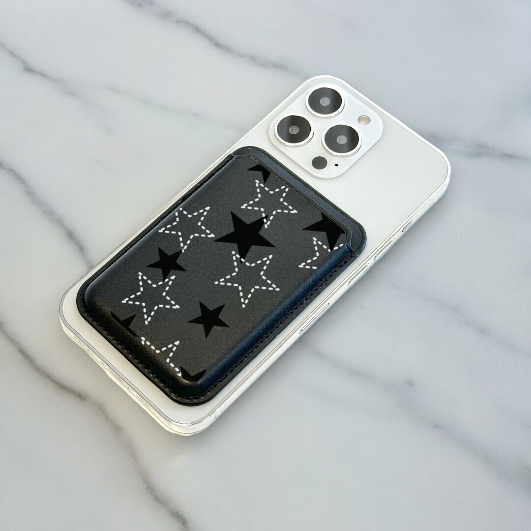 Star Pattern Black Magsafe Wallet Vegan Leather Wallet for iPhone 15 14 ...