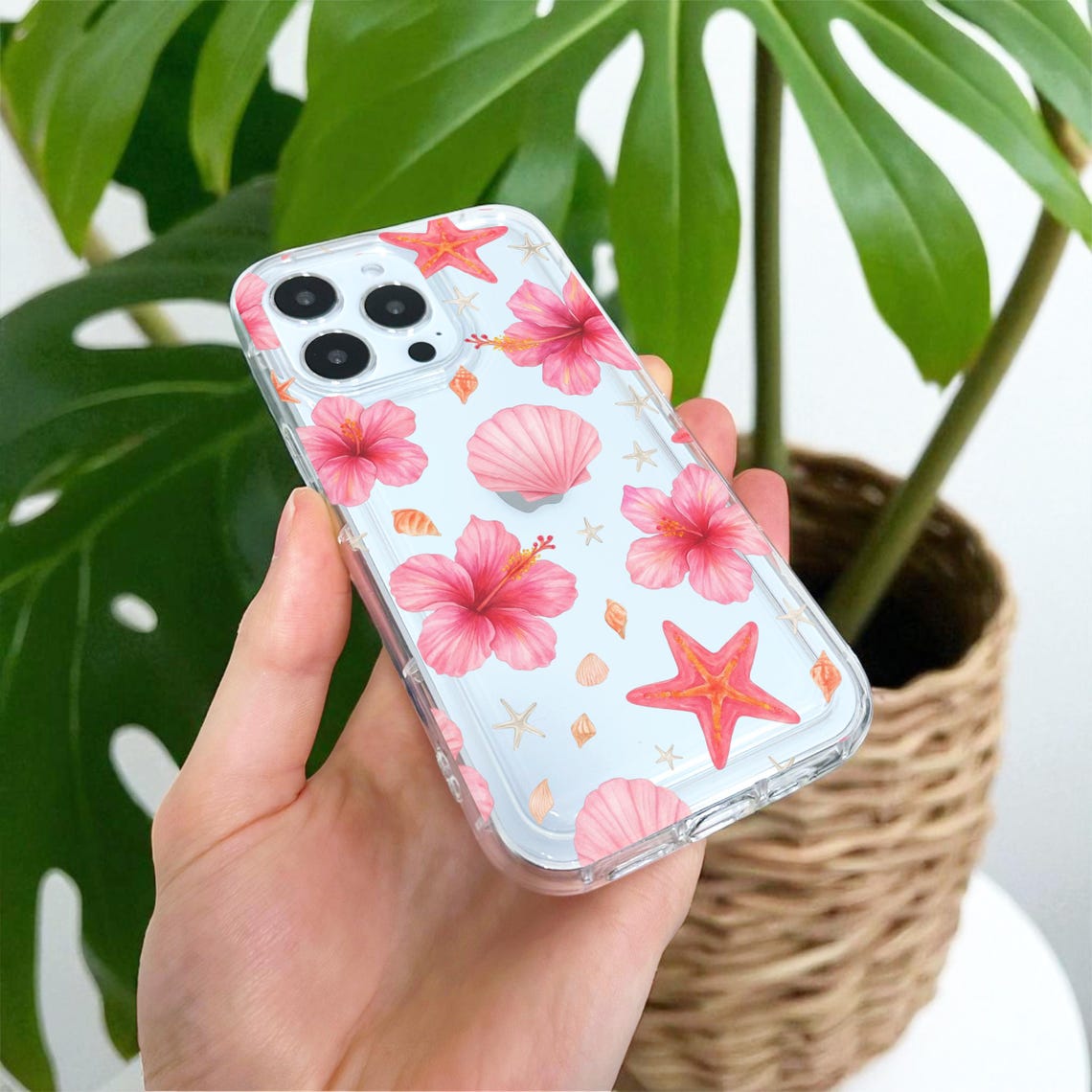 Pink Hibiscus Flower Seashell Starfish Clear Phone Case for iPhone 17 ...