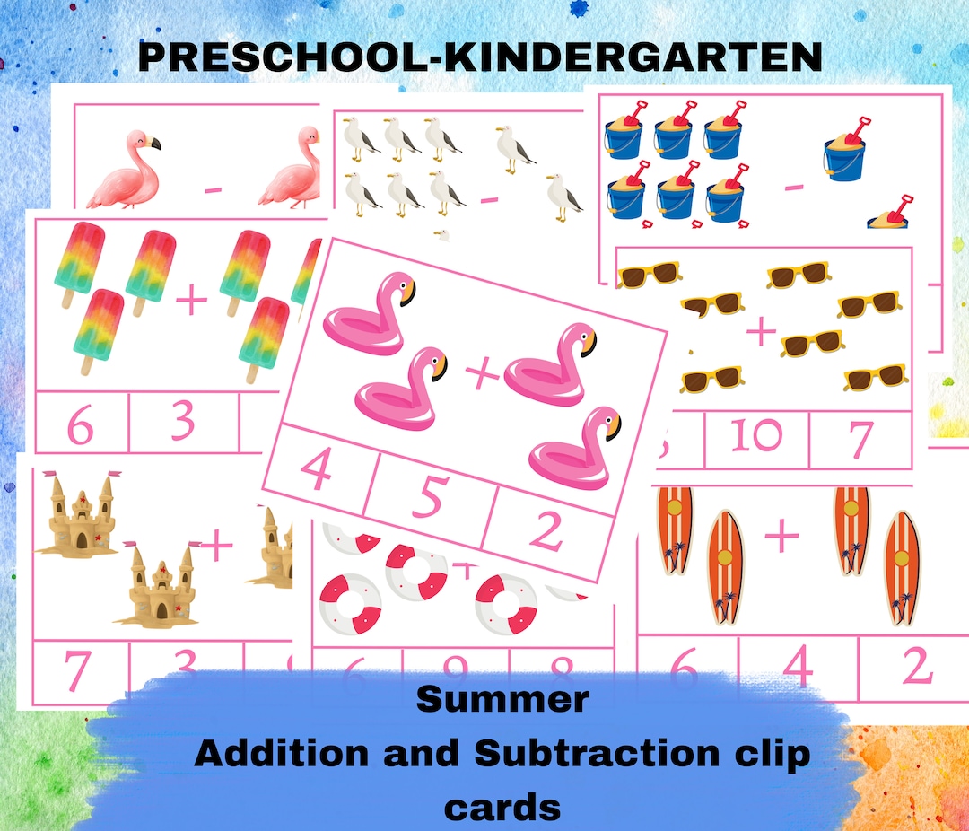 Summer Printable Addition and Subtraction Clip Cards. Preschool and ...