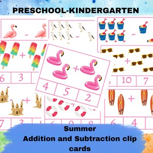 Summer Printable Addition and Subtraction Clip Cards. Preschool and ...