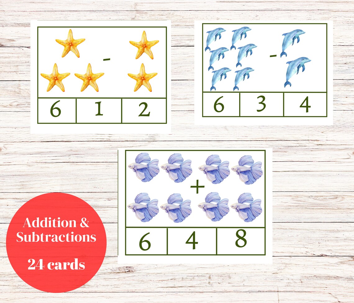 Sea Creature Printable Addition and Subtraction Clip Cards. Preschool ...