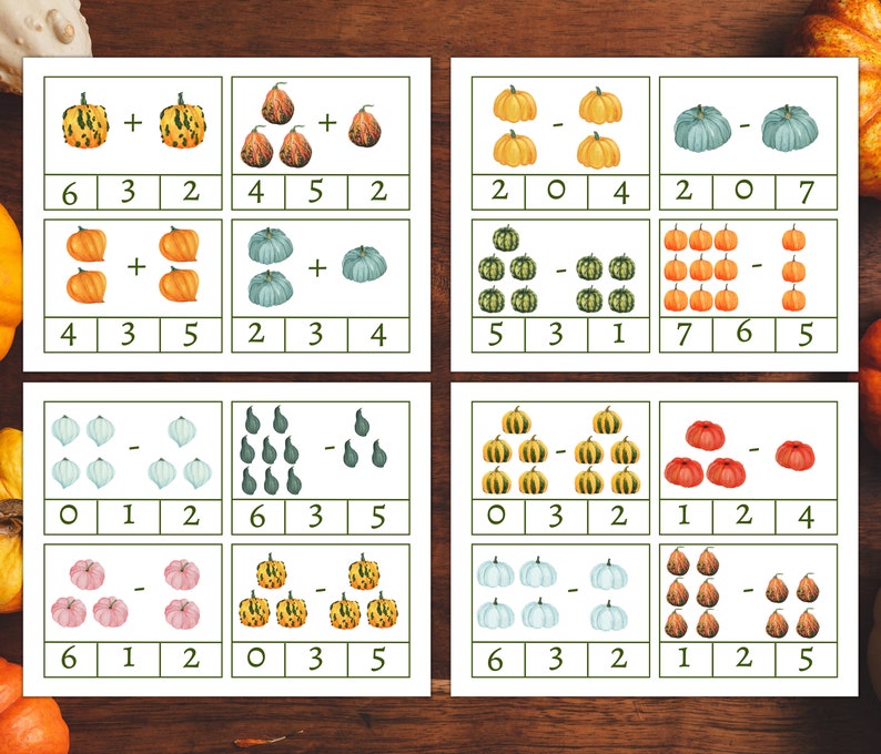 Montessori Pumpkins Printable Addition and Subtraction Clip Cards ...