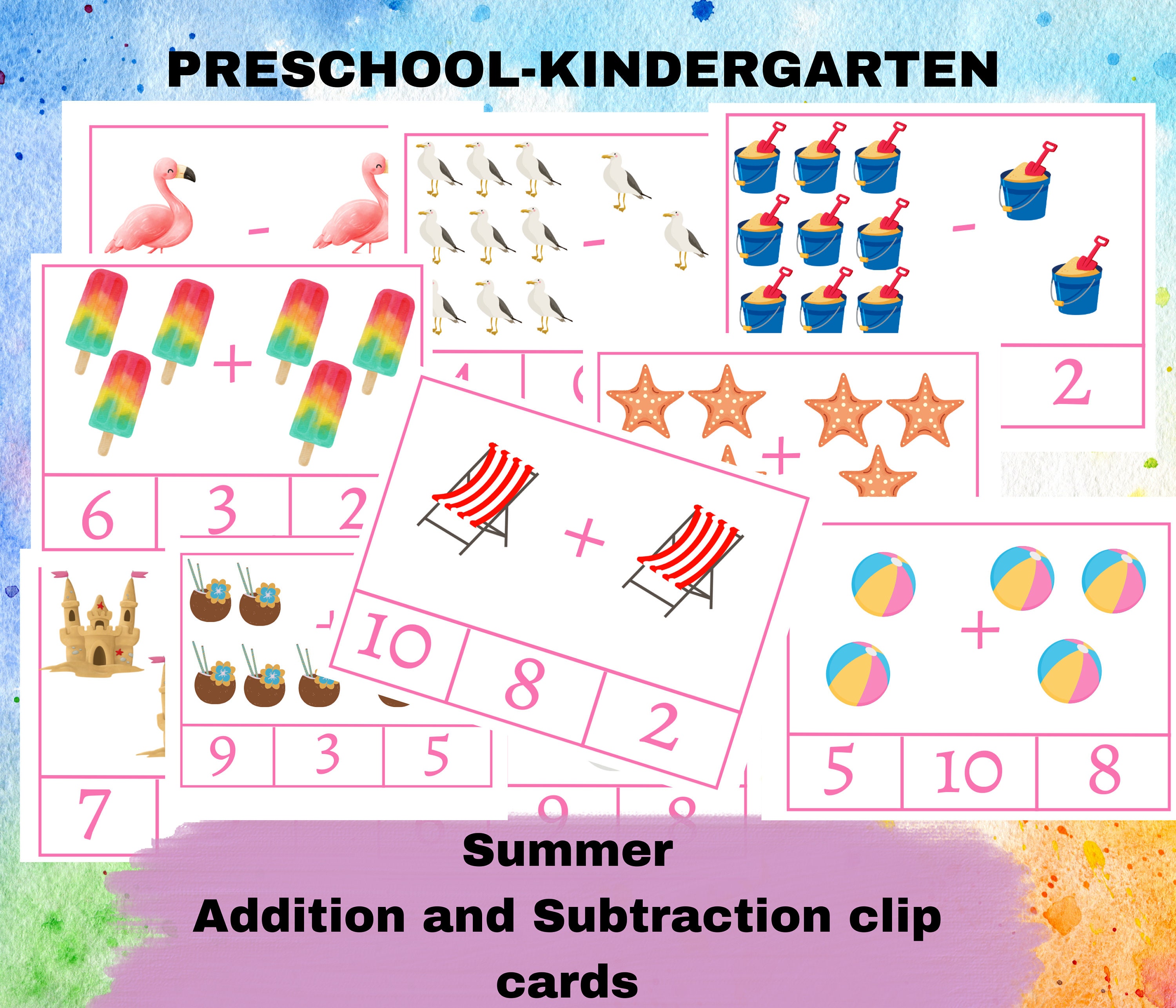 Summer Printable Addition and Subtraction Clip Cards. Preschool and ...