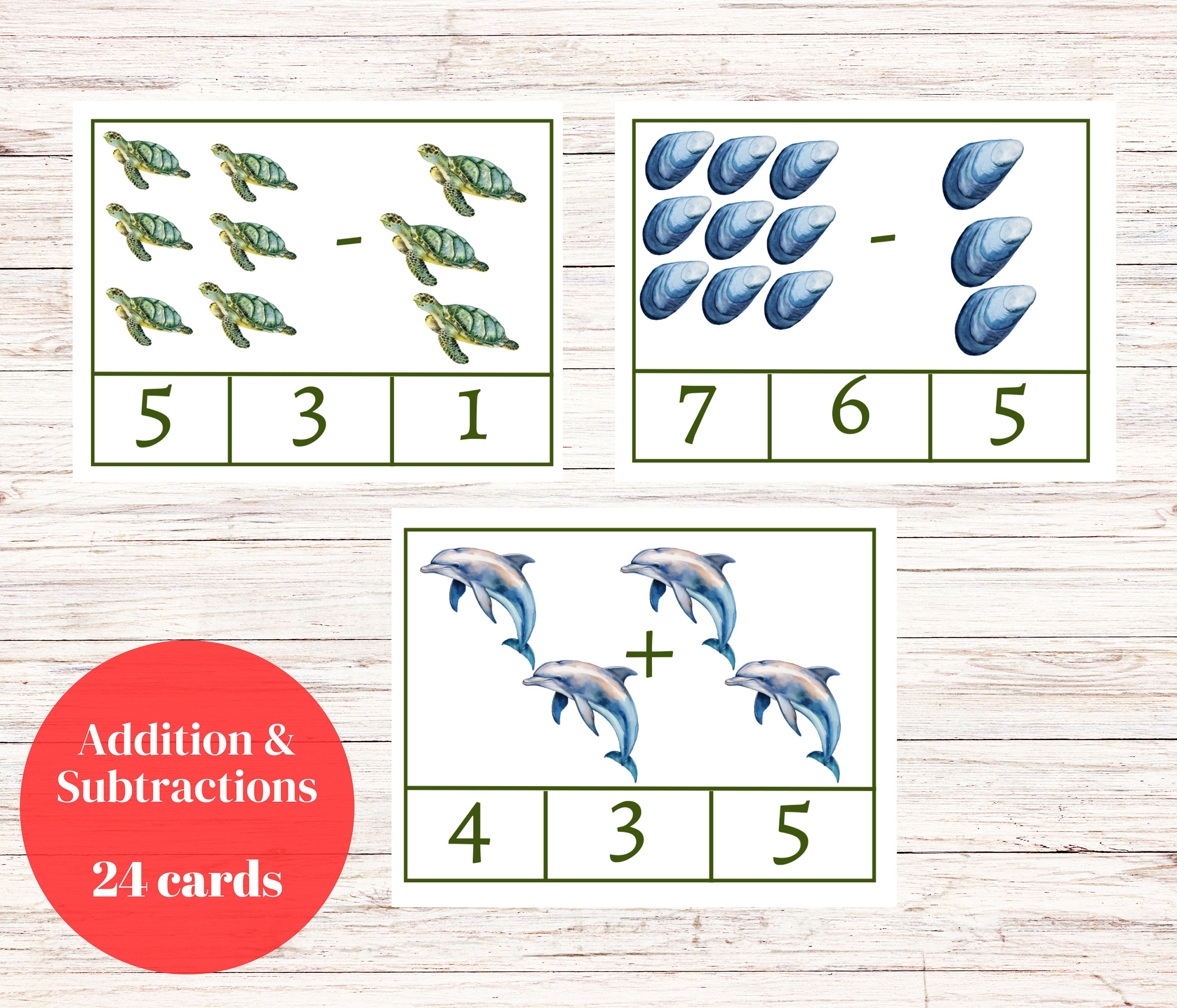 Sea Creature Printable Addition and Subtraction Clip Cards. Preschool ...