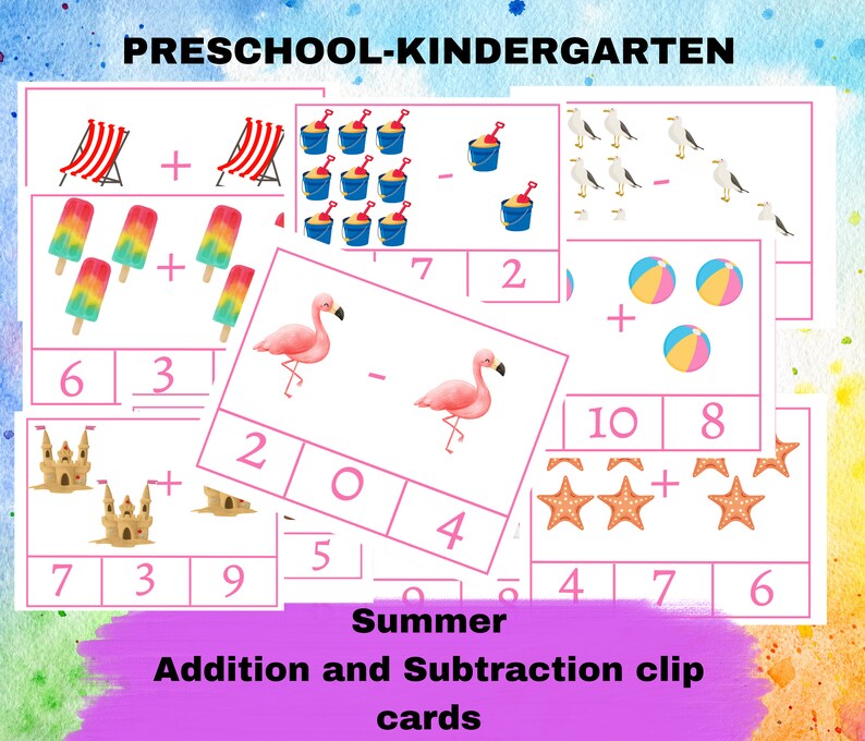 Summer Printable Addition and Subtraction Clip Cards. Preschool and ...