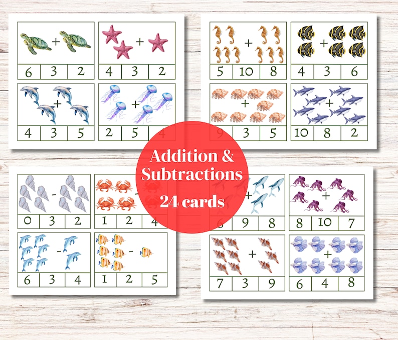 Sea Creature Printable Addition and Subtraction Clip Cards. Preschool ...