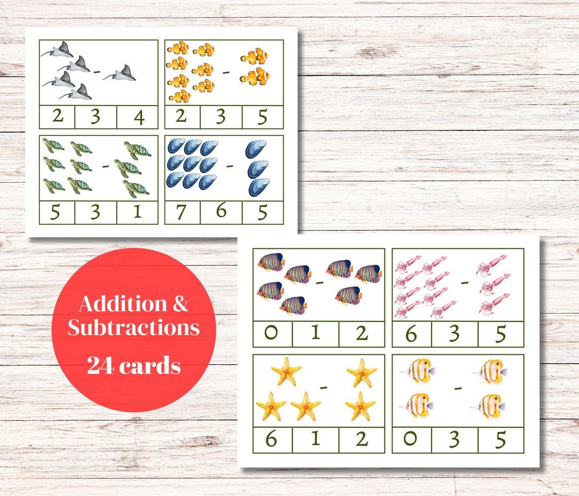 Sea Creature Printable Addition and Subtraction Clip Cards. Preschool ...