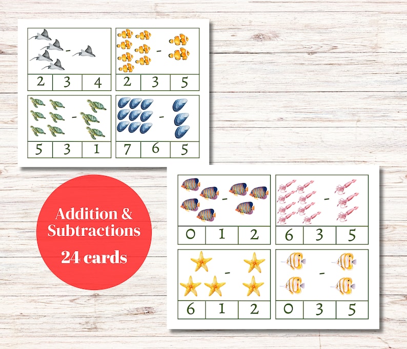Sea Creature Printable Addition and Subtraction Clip Cards. Preschool ...