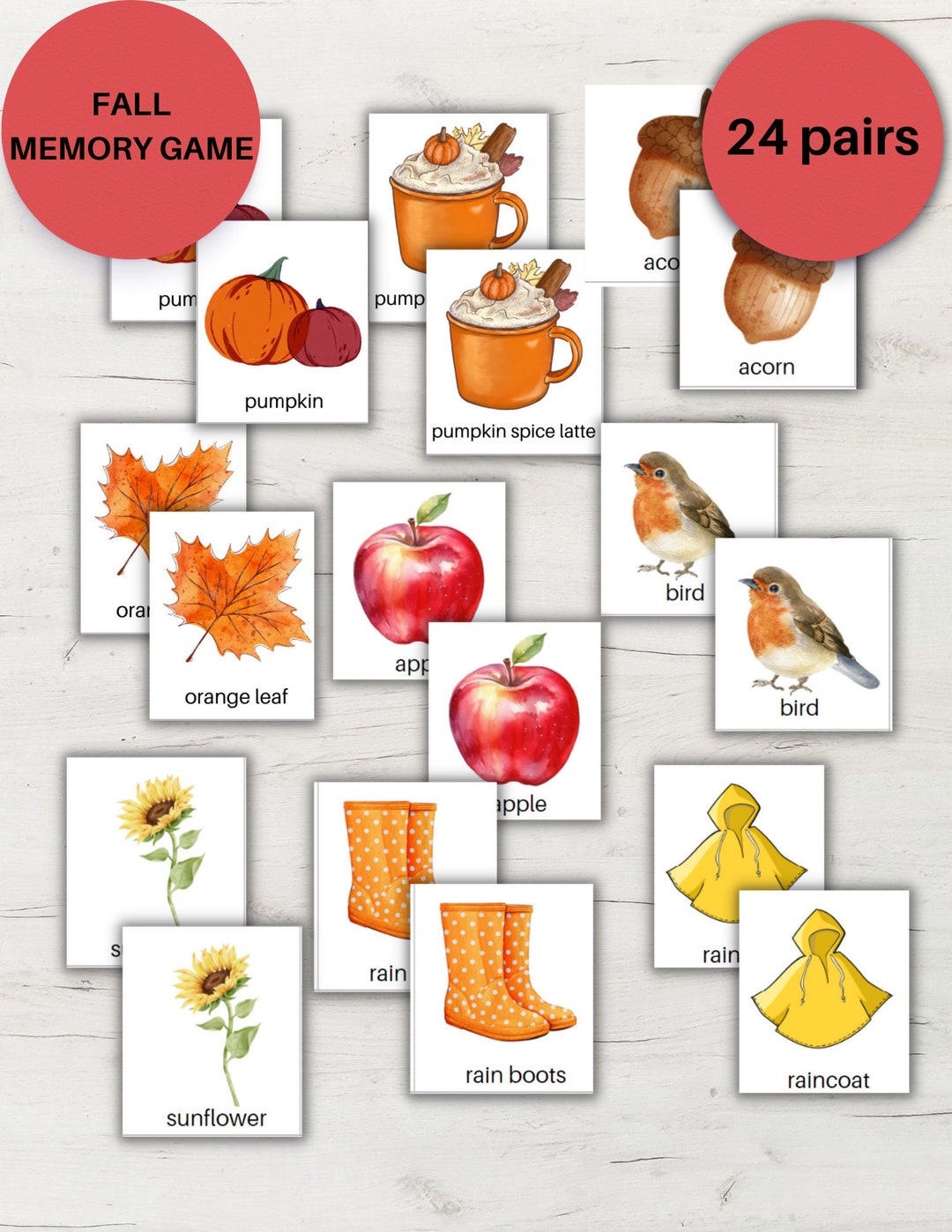 Flash Cards PDF, Autumn Memory Game, Visual Skills, Educational ...