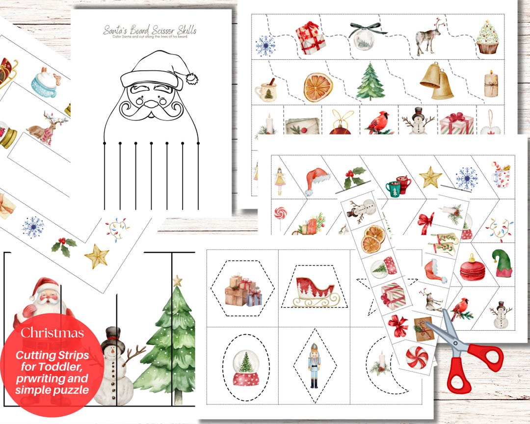 Christmas Scissor Skills, Pre-writing and Fun Simple Puzzle. Fine Motor ...